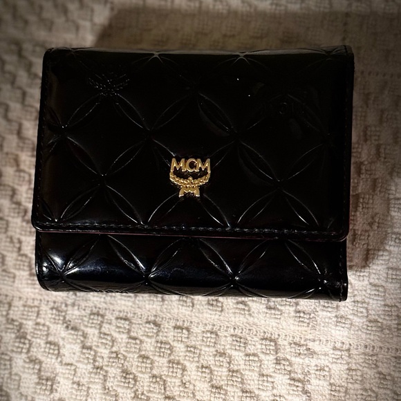 MCM | Bags | Vintage Mcm Glossy Black Quilted Wallet With Gold Logo 7 ...